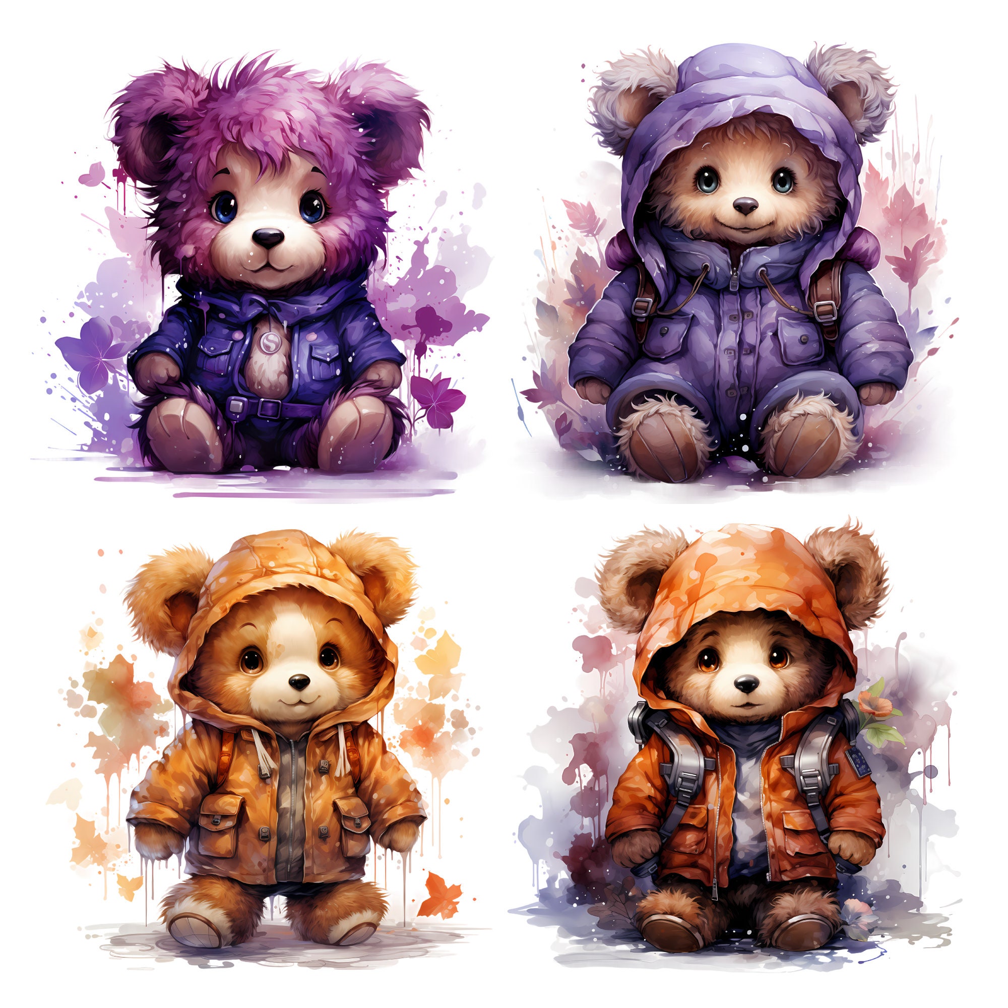 Colorful Teddies Watercolor Clipart Kids Clipart PNG - Etsy