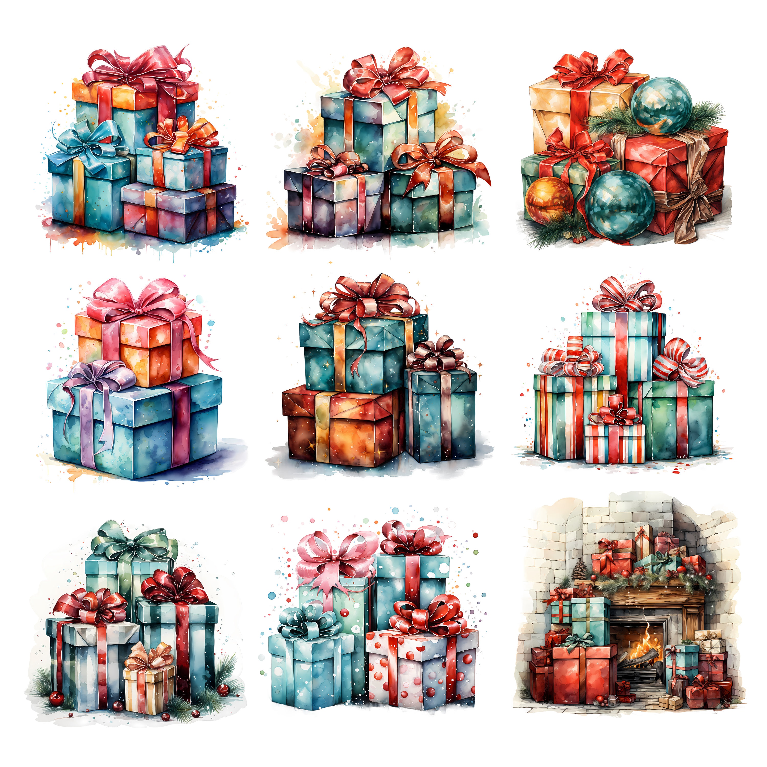 24 Christmas Presents Clipart, Watercolor Presents With Transparent ...