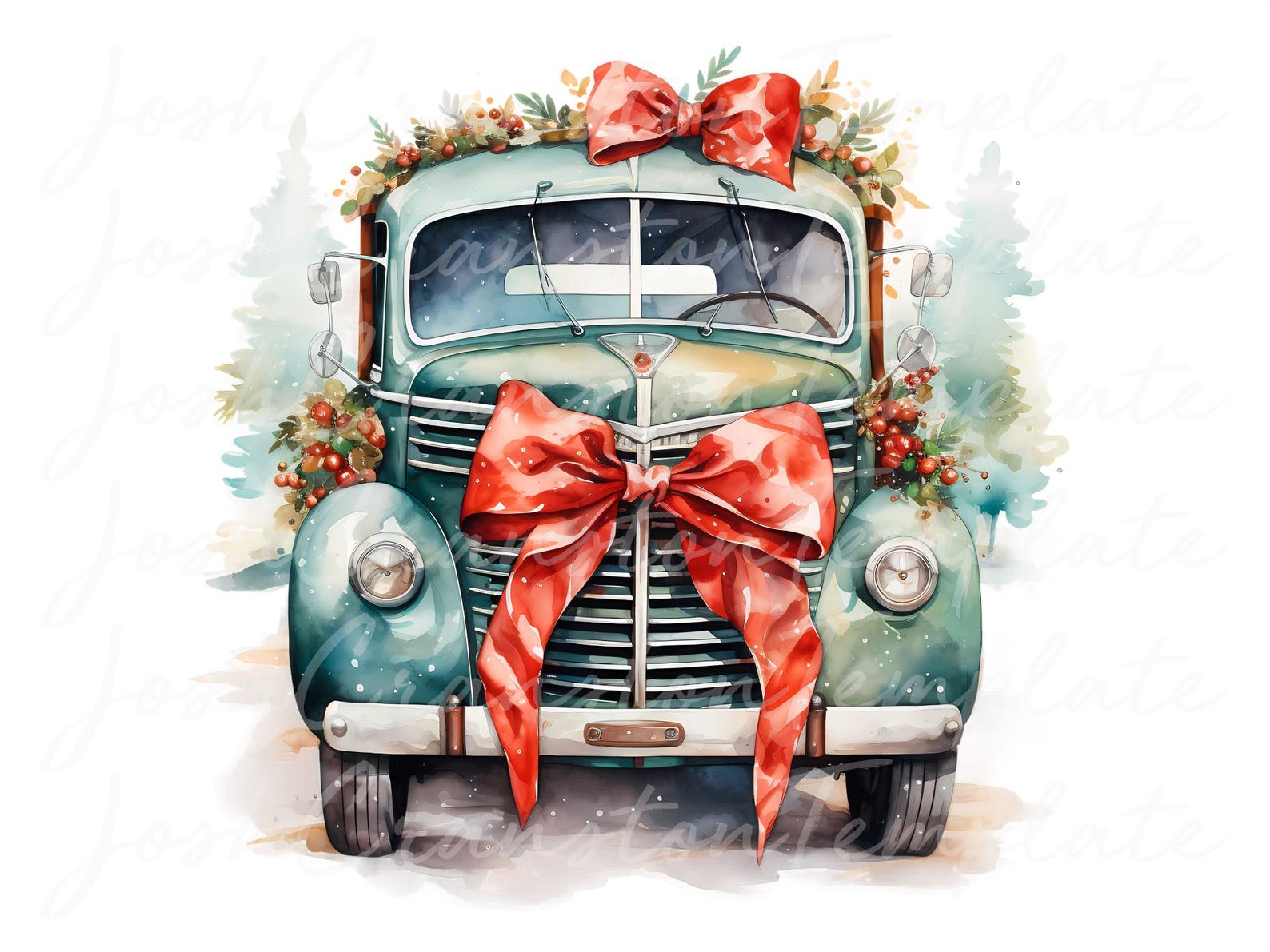 Christmas Truck Watercolor Clipart: Vintage Holiday Pngs (digital ...