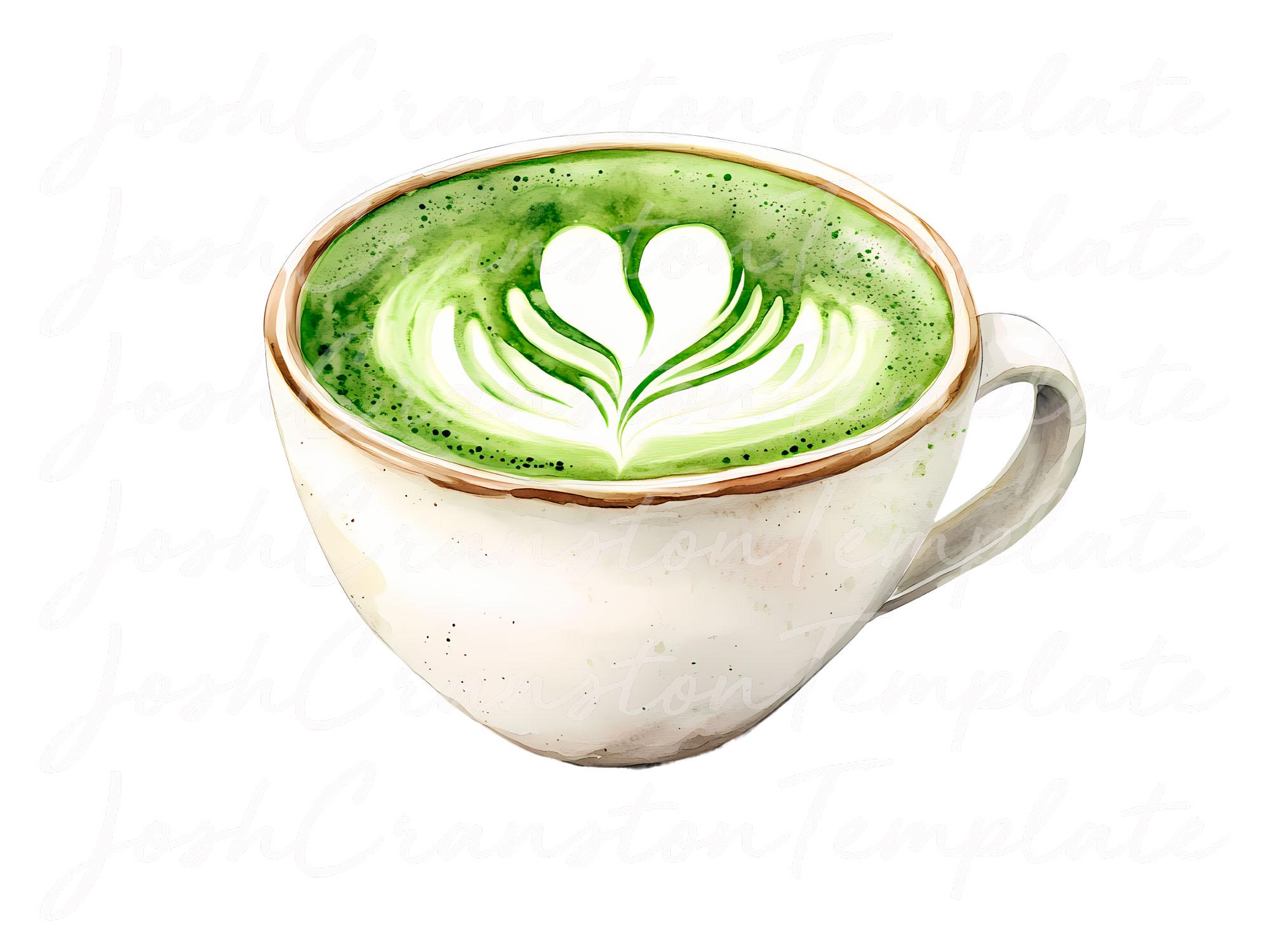 Matcha Latte Clipart Set, 12 Green Tea Watercolor Pngs With Latte Art ...