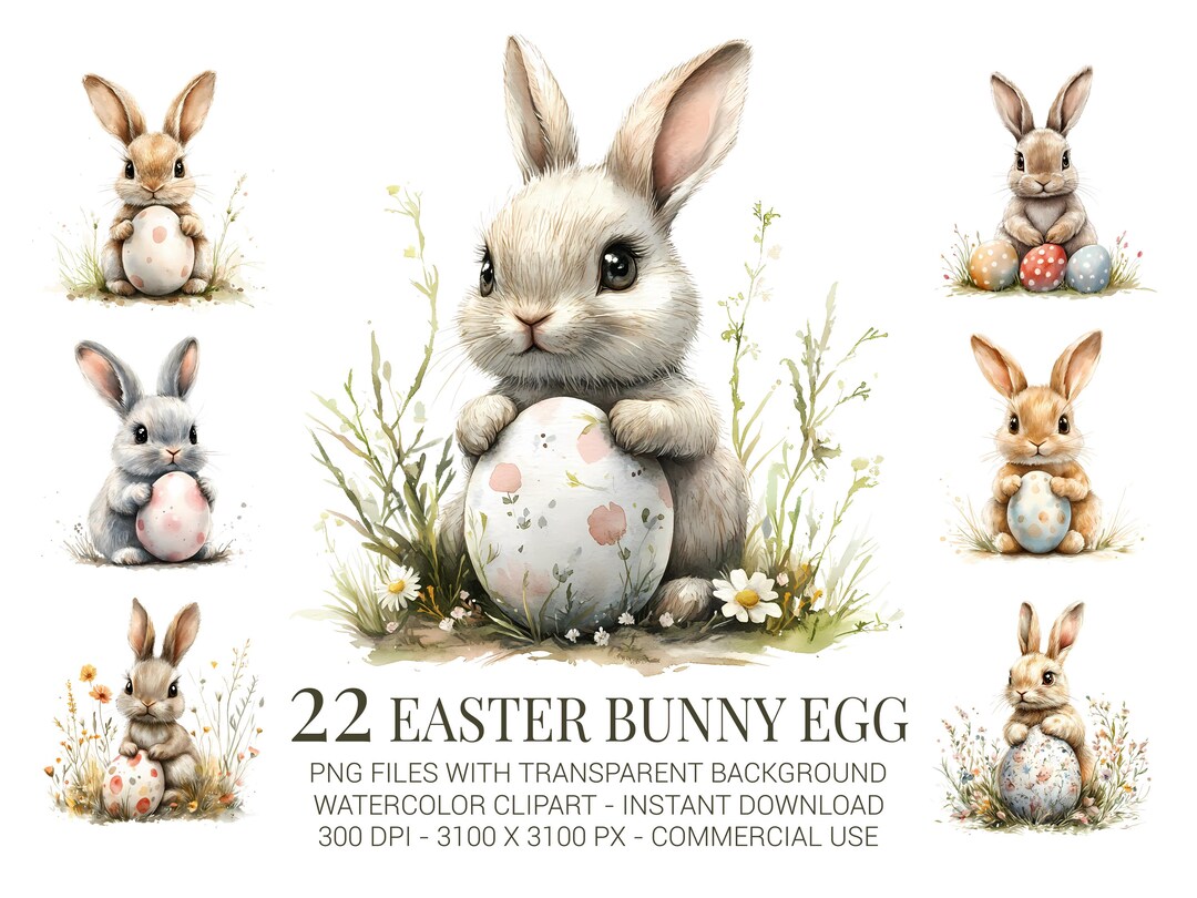 Easter Bunny Clipart Set - 22 Watercolor Bunnies With Easter Eggs for ...