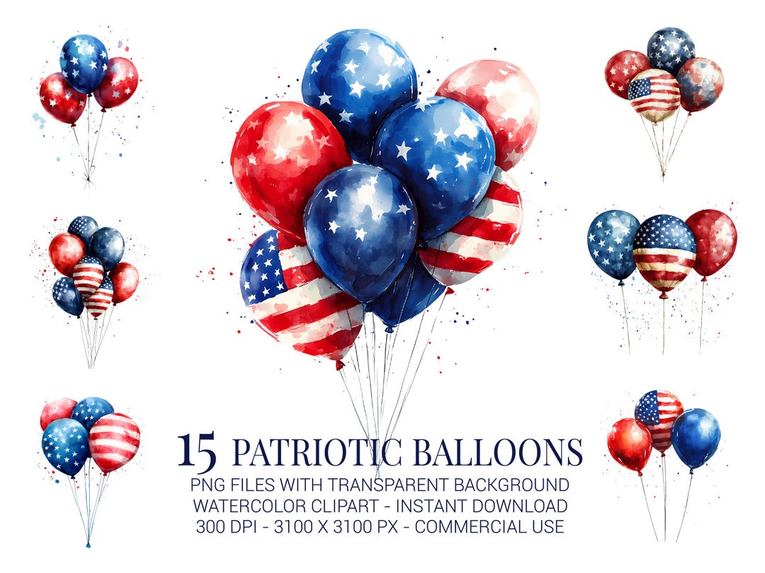 Patriotic Balloons Clipart Set, 15 Watercolor Red White Blue Balloons ...