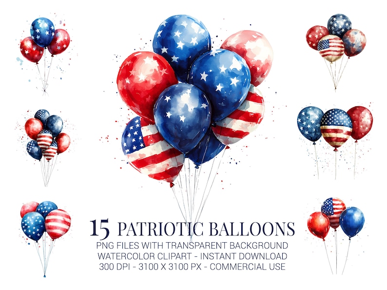 Patriotic Balloons Clipart Set, 15 Watercolor Red White Blue Balloons ...