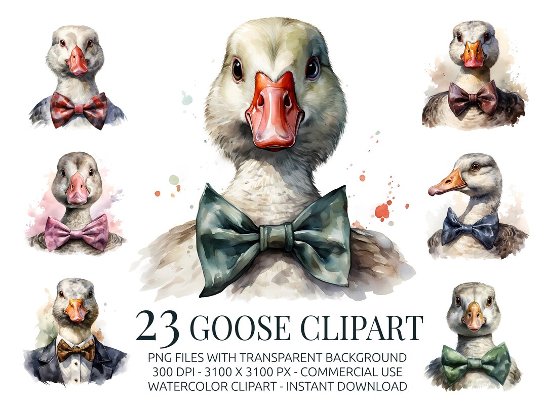 Goose Clipart Bundle - 23 Elegant Watercolor Geese With Bow Ties Pngs ...