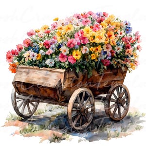 12 Floral Spring Cart Clipart, Digital Watercolor Flowers PNG, Spring ...