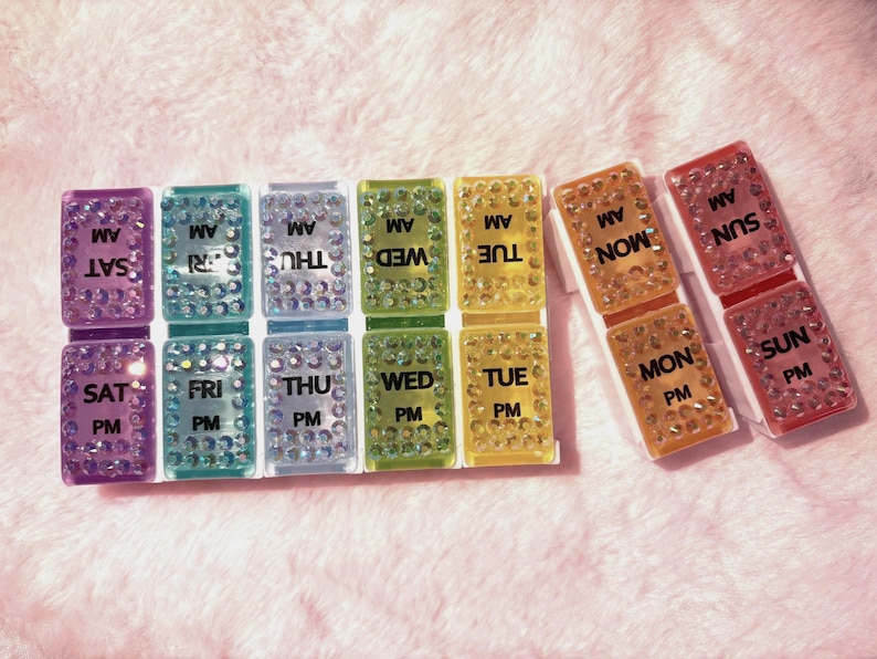 Blinged Weekly Pill Organizer: Rhinestone Bedazzled AM PM Pill Box ...