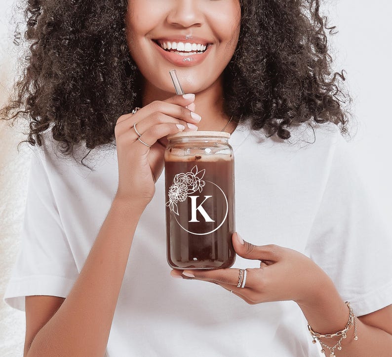 Personalized Birth Flower Glass Jar: Monogram Iced Coffee Cup - Etsy
