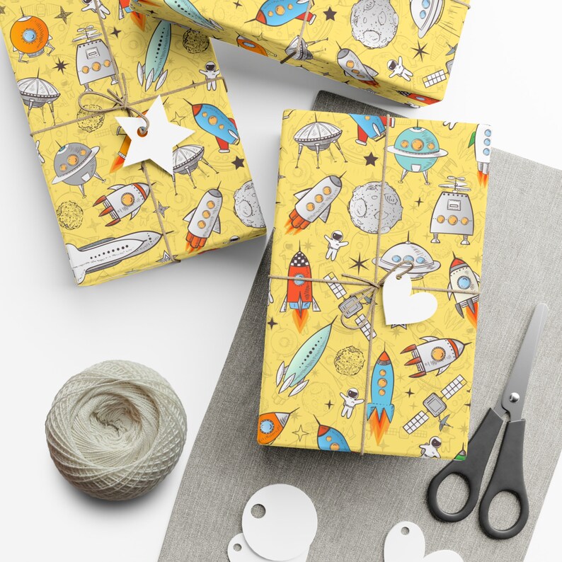 Rocket Ship Gift Wrap, Outer Space Design on Yellow, Perfect for ...