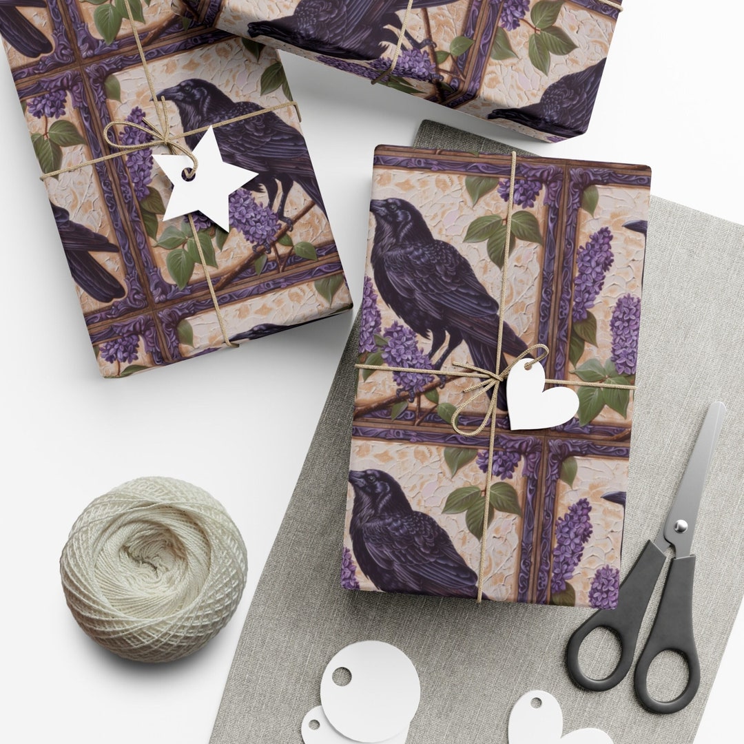 Whimsical Dark Crow Gift Wrap, Raven Surrounding With Lilacs Scene ...