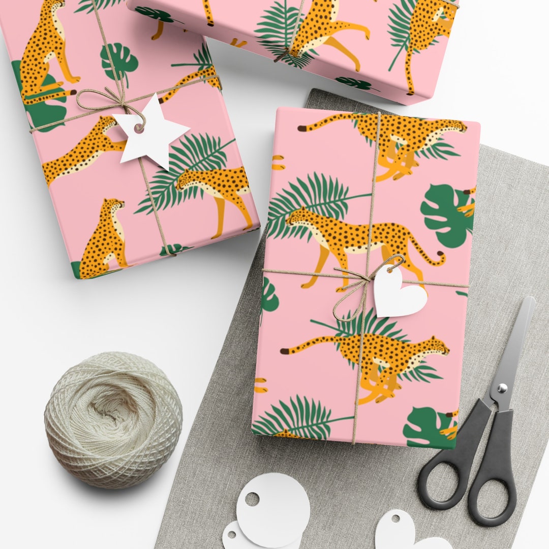 Exotic Cheetah and Palm Leaf Gift Wrap, Unique Pink Seamless Pattern ...