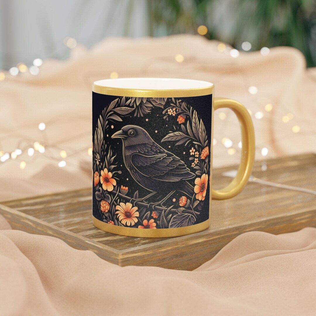 Black Crow Coffee Mug: Gothic Floral Metallic Cup - Etsy