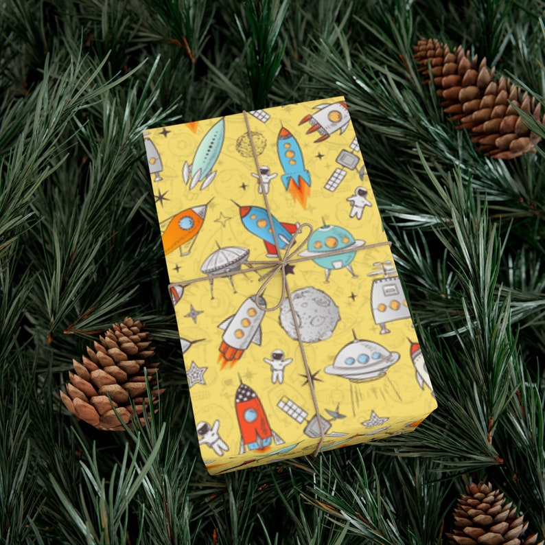Rocket Ship Gift Wrap, Outer Space Design on Yellow, Perfect for ...