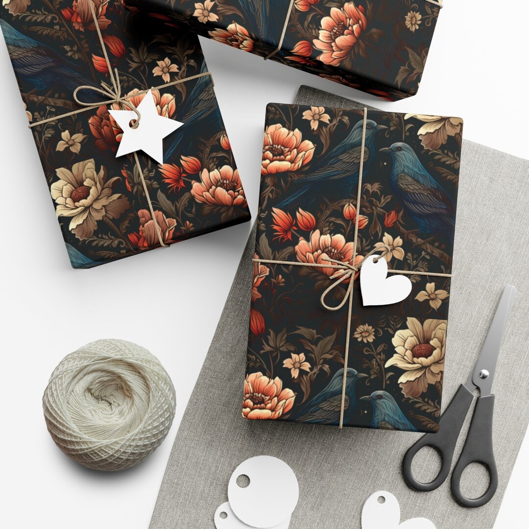 Two Ravens in Love Gift Wrap, Elegant Dark Floral Background, Gift ...