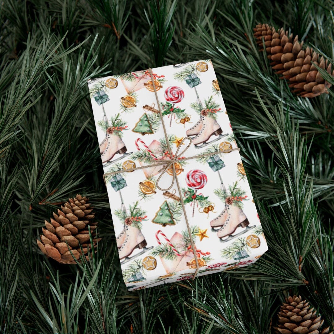 Festive Christmas Gift Wrap, Candy Cane & Skates Design - Etsy