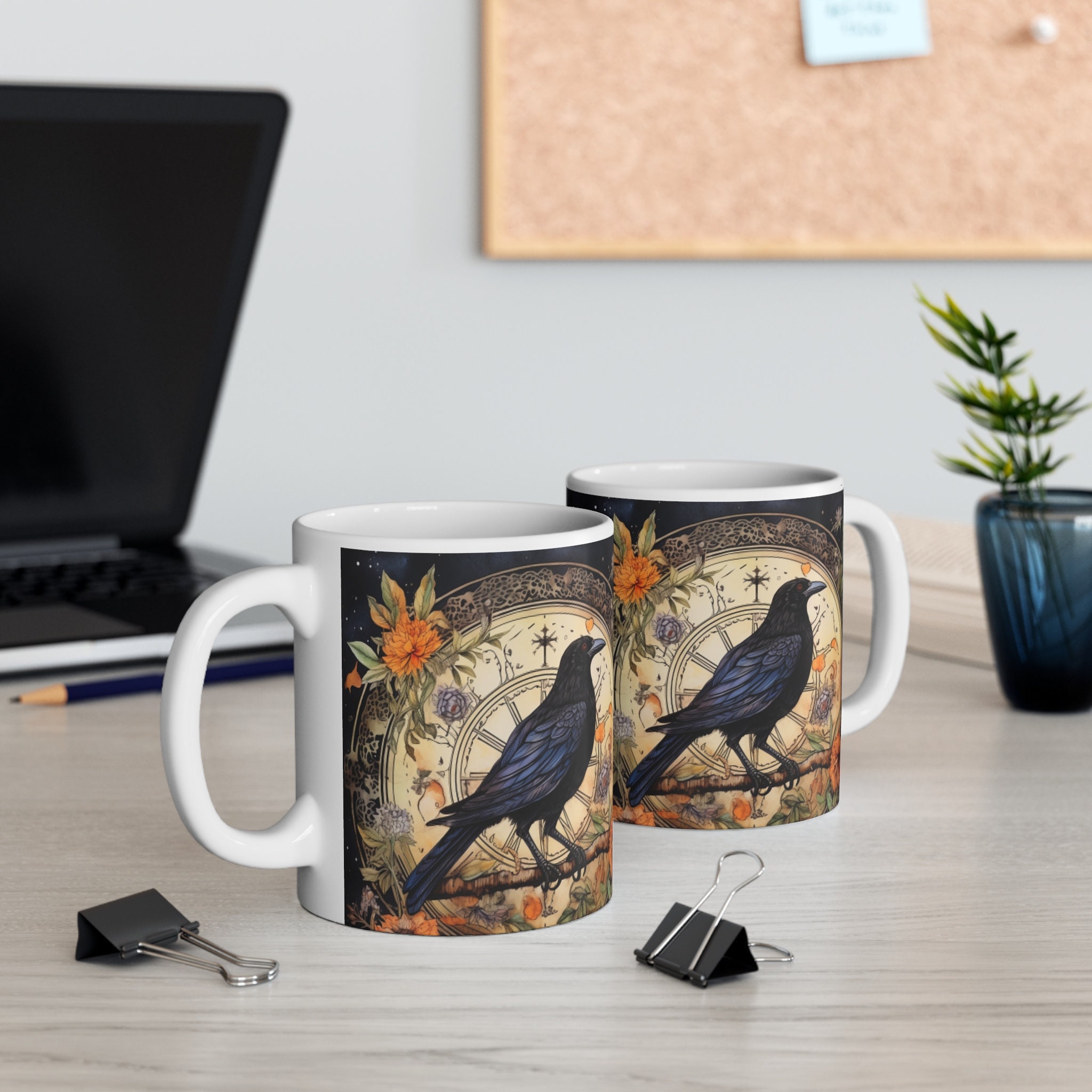 Mystical Crow Coffee Mug, Detailed Tree Branch Artwork, for Witchcraft ...