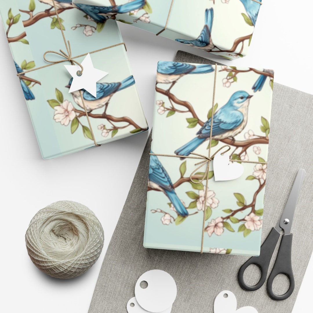 Charming Blue Bird Wrapping Paper, Hand-drawn Branch Design, Eco ...