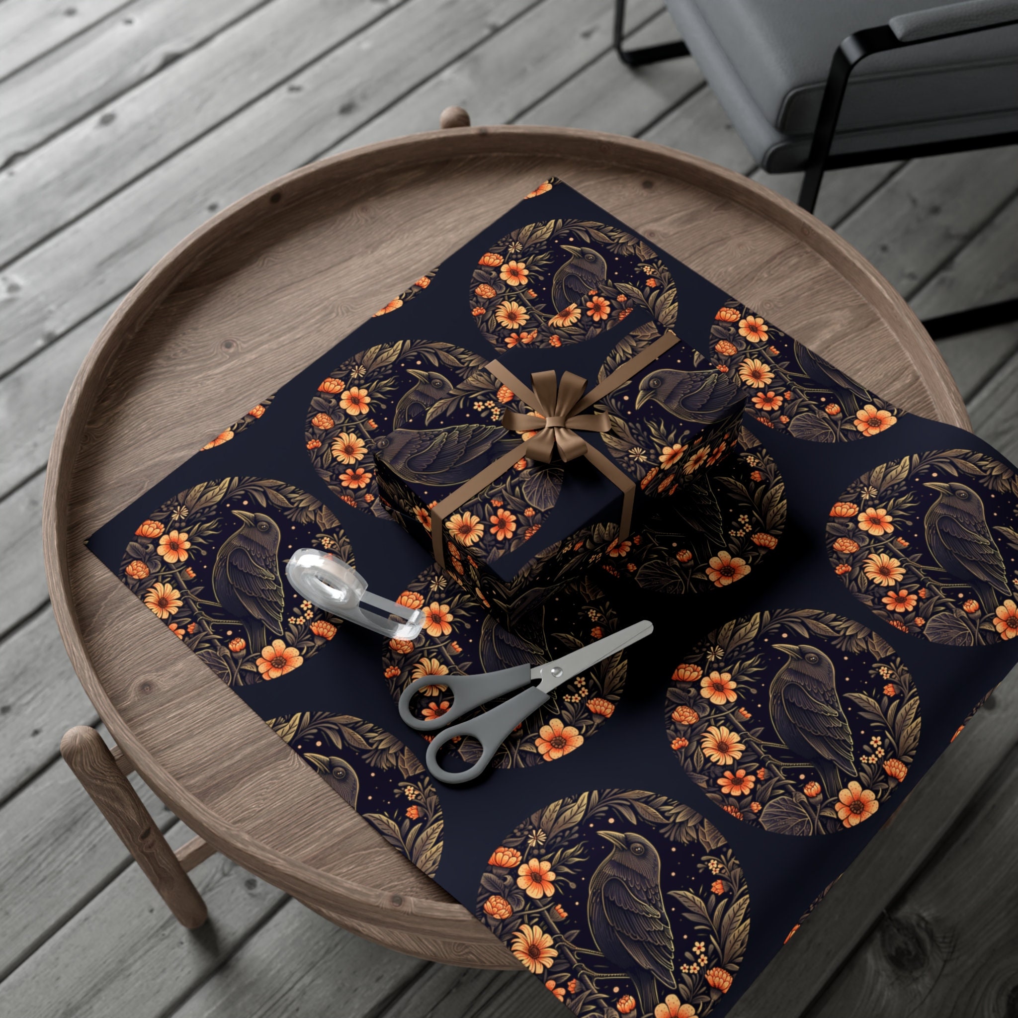 Gothic Raven Gift Wrapping Paper, Dark Floral Pattern Design, Ideal for ...