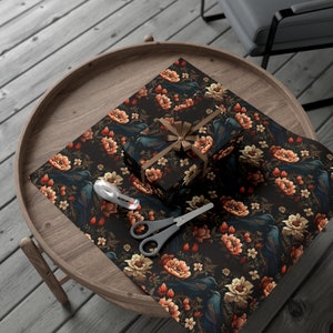 Two Ravens in Love Gift Wrap, Elegant Dark Floral Background, Gift ...