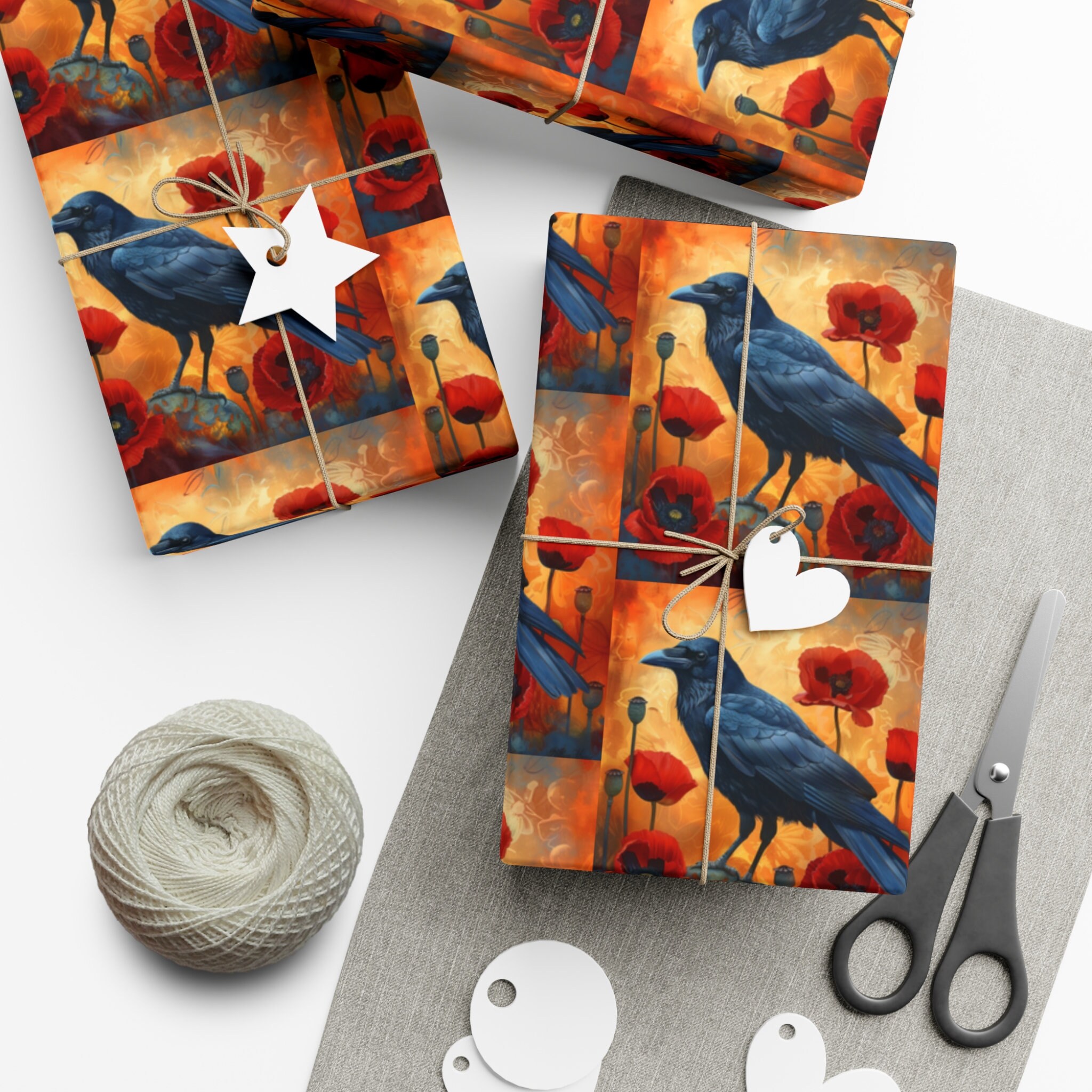 Crow and Poppy Flower Gift Wrap, Chic Bird Floral Gift, Unique Present ...