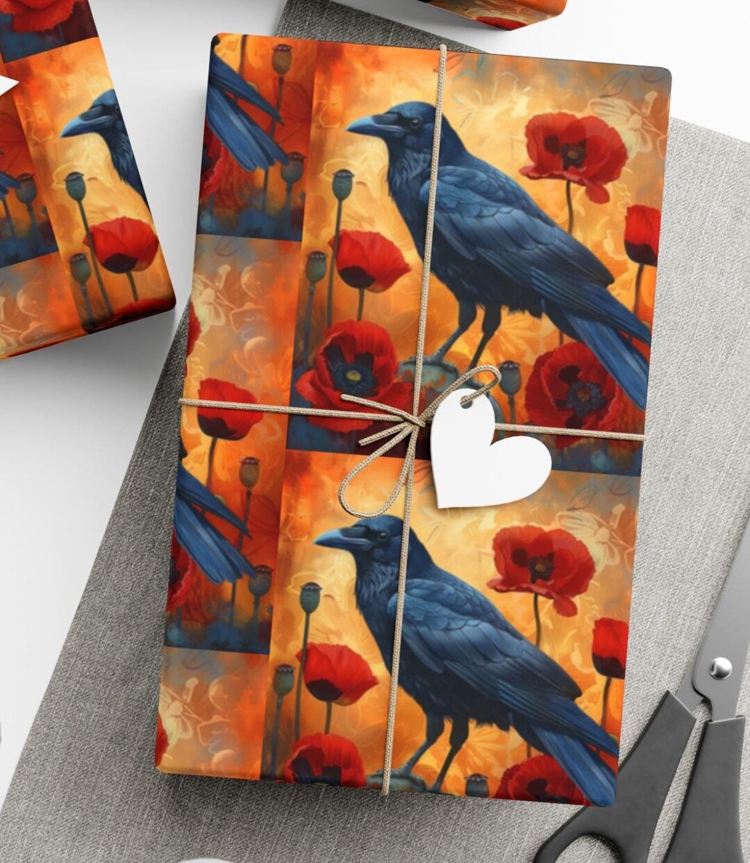 Crow and Poppy Flower Gift Wrap: Chic Bird Floral Present - Etsy