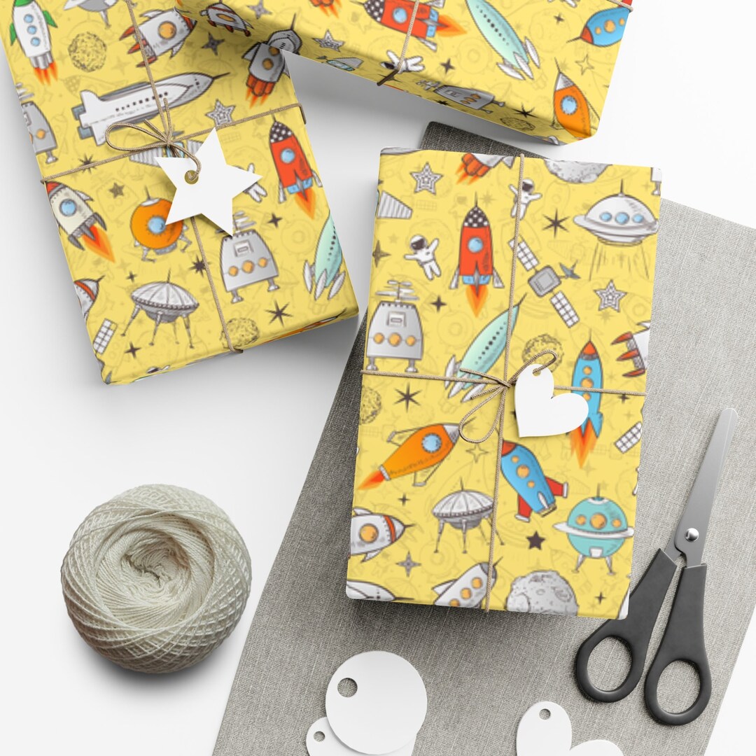 Rocket Ship Gift Wrap, Outer Space Design on Yellow, Perfect for ...