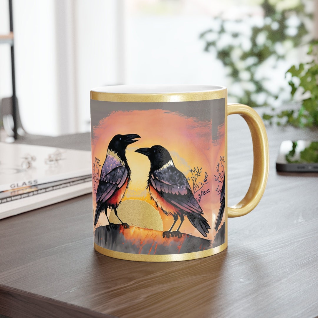 Romantic Crow Couple Coffee Mug: Sunset Love Scene, Gold Metallic ...