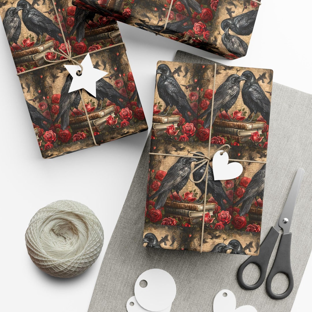 Crow Gift Wrapping Paper- Vintage Design With Red Roses and Books ...