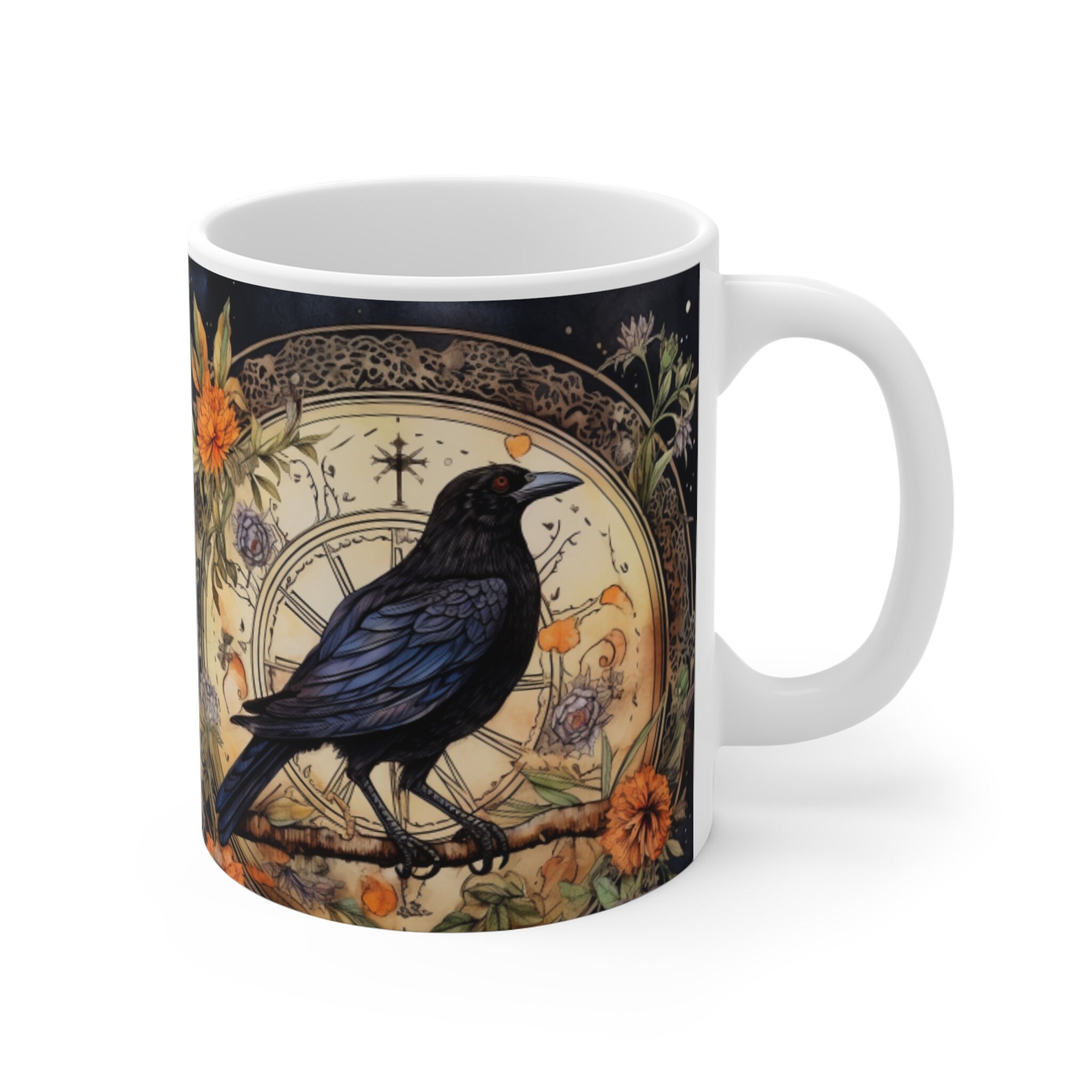 Mystical Crow Coffee Mug, Detailed Tree Branch Artwork, for Witchcraft ...