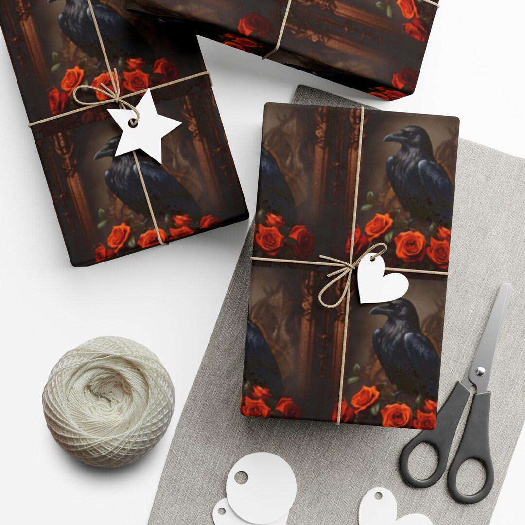 Gothic Raven Gift Wrapping Paper: Orange Roses, Halloween Birthday - Etsy