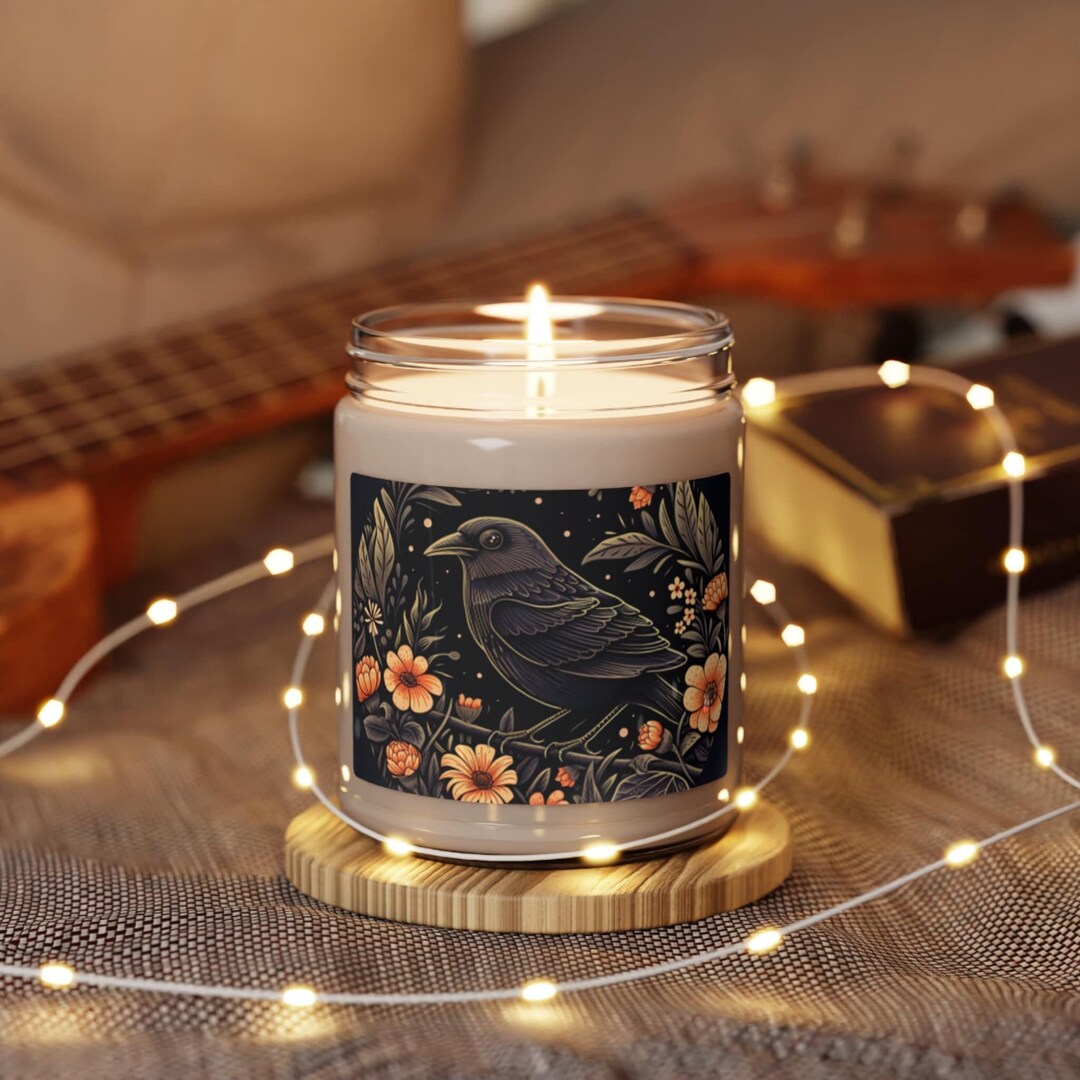 Mysterious Black Crow Candle, Dark Floral Pattern Design, Ideal for ...