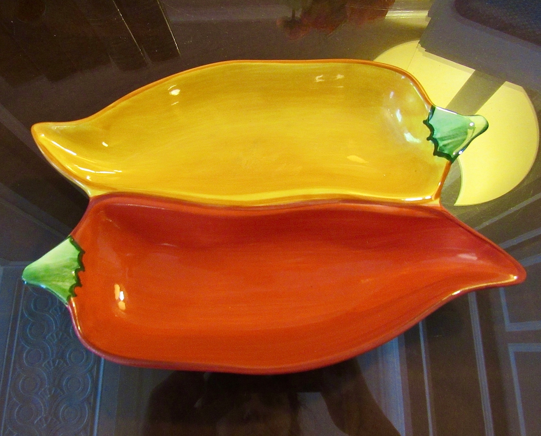 Hot Peppers Ceramic Divided Serving Dish, Clay Art Hand Painted Red and ...