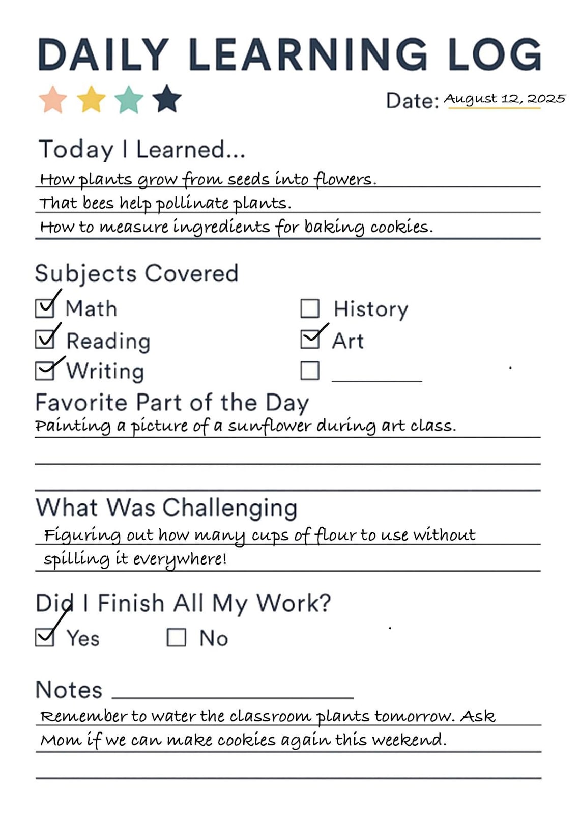 Daily Learning Log Printable: Homeschool & Classroom Reflection Sheet ...