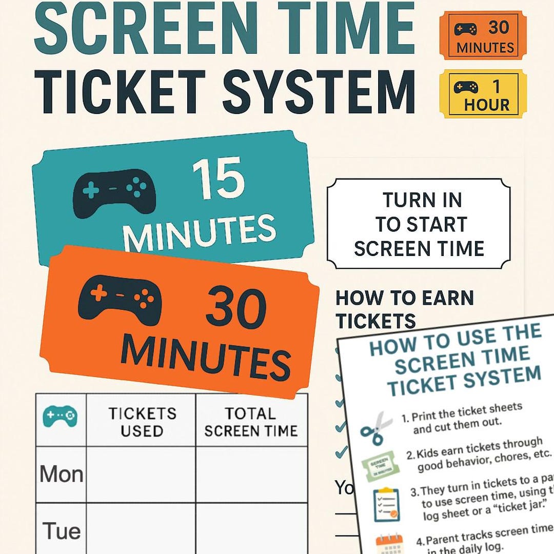 Screen Time Ticket System for Kids | Printable Reward Chart | Digital ...