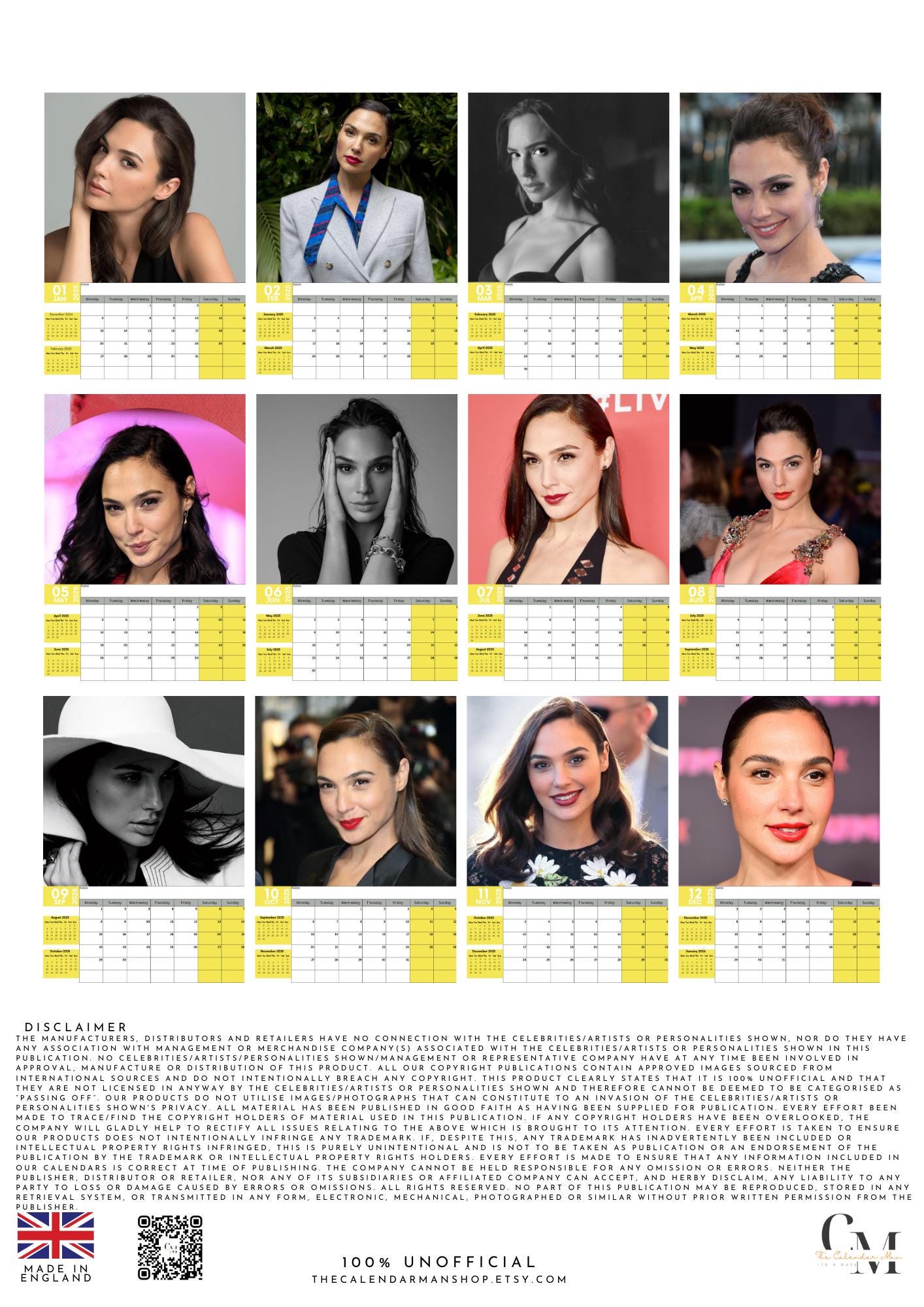 2025 Gal Gadot Calendar A4 Size - Etsy