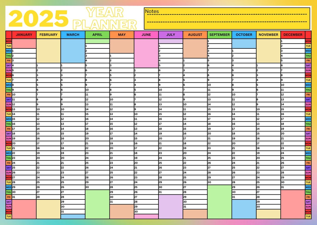 2025 Year Planner/calendar A0 to A4 Sizes - Etsy
