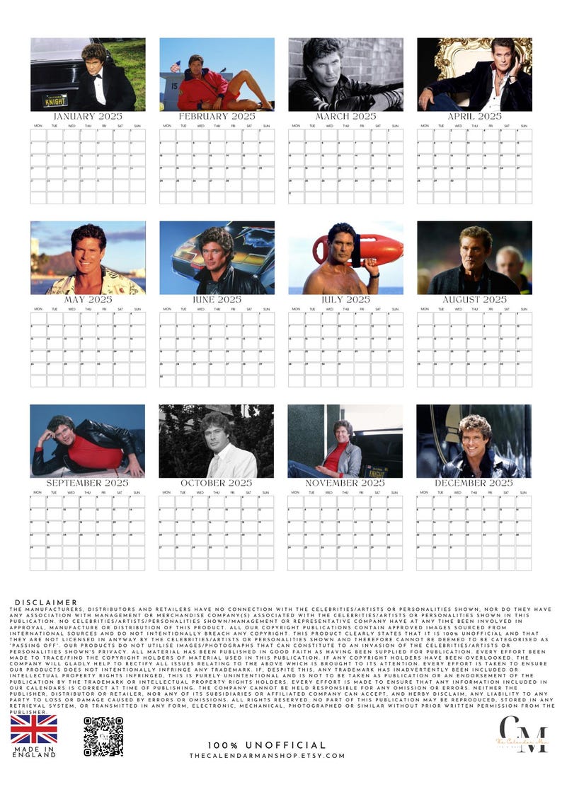 David Hasselhoff 2025 Wall Calendar digital Download - Etsy Australia