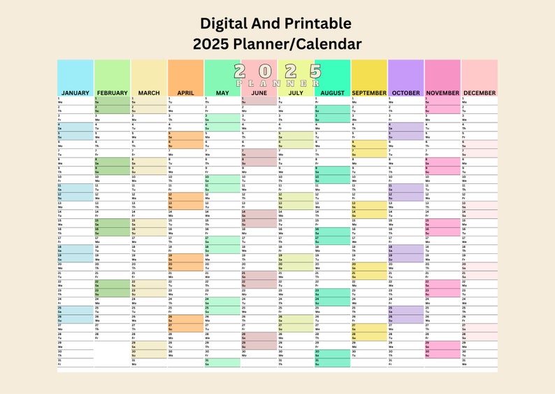 Pastel Colour 2025 Planner A0 to A4 Sizes - Etsy