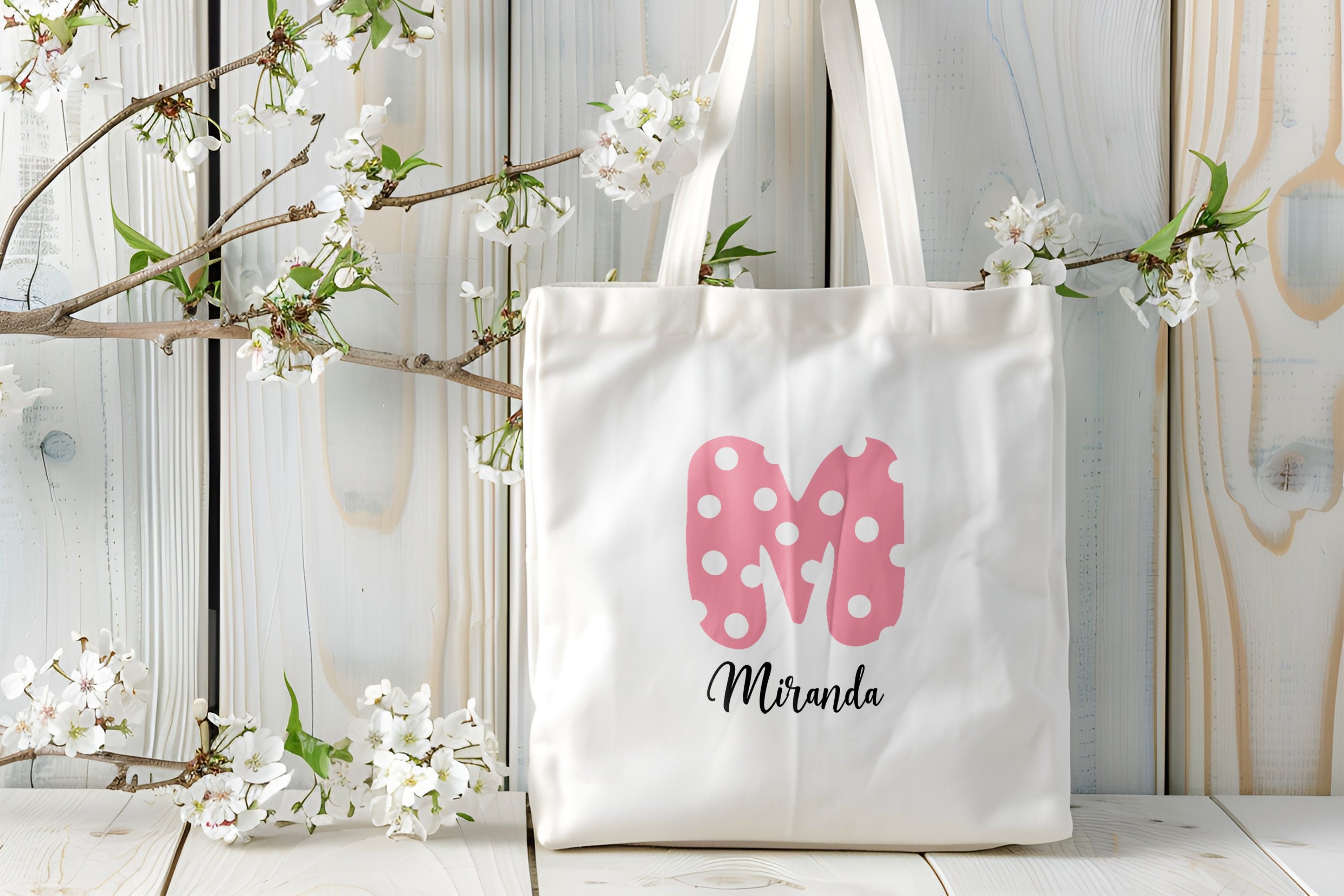 Personalized Tote Bag With Custom Name Initial in Pink Polka Dot Design ...