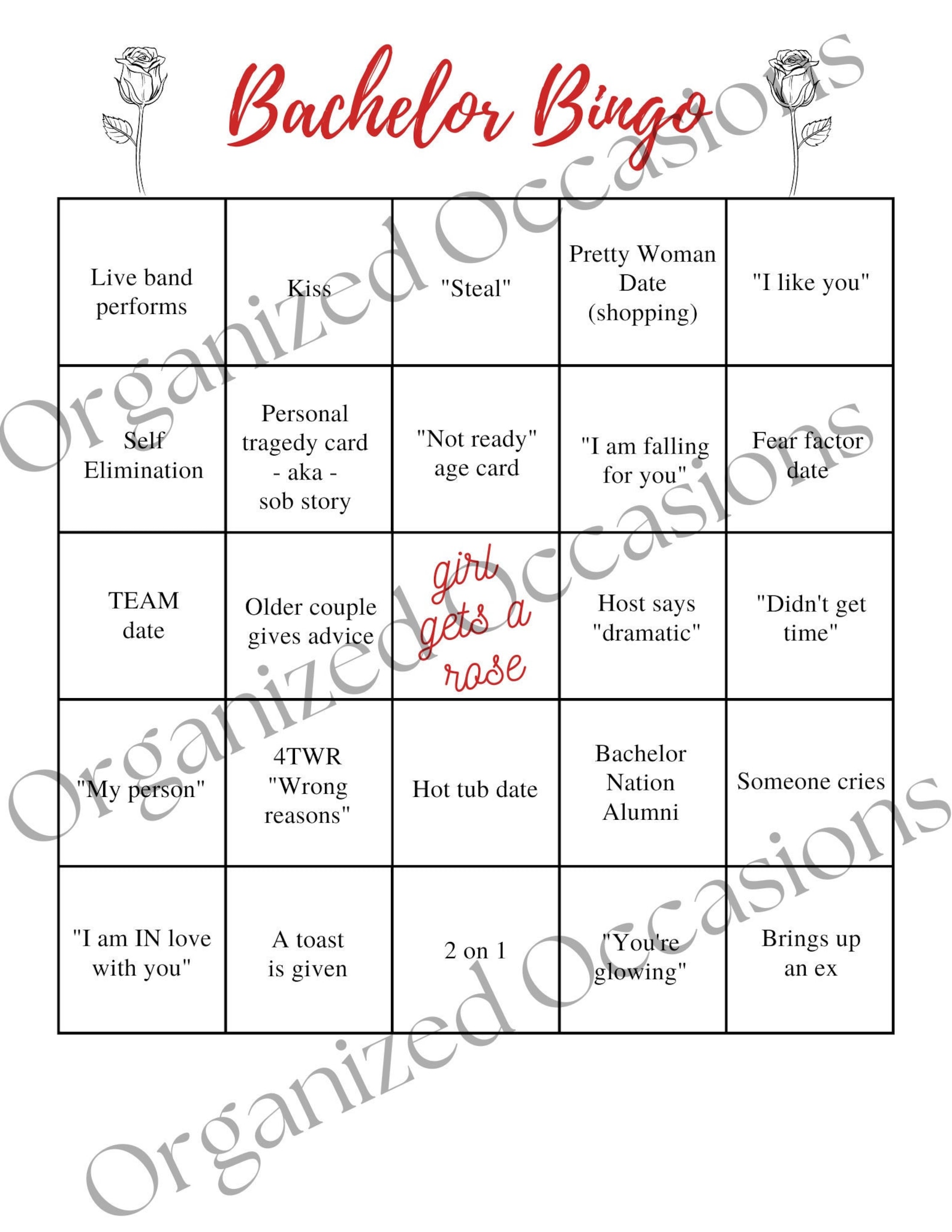 Bachelor Bingo Card, ABC, Bachelorette, Digital Download, Bachelor ...