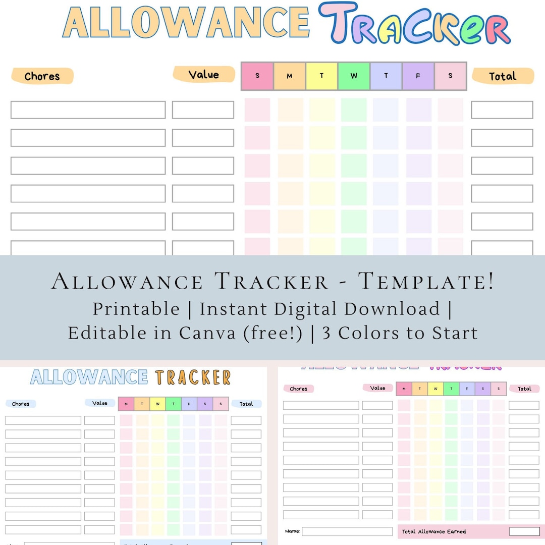 Kids Allowance Tracker, Printable Chore Chart, Earn Money Editable ...
