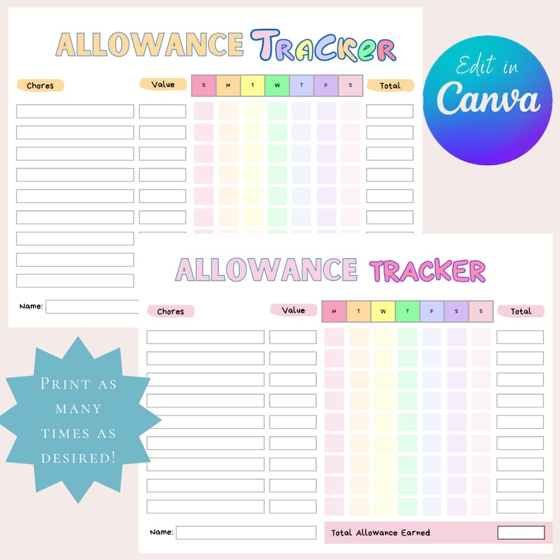 Kids Allowance Tracker Printable Chore Chart Earn Money - Etsy