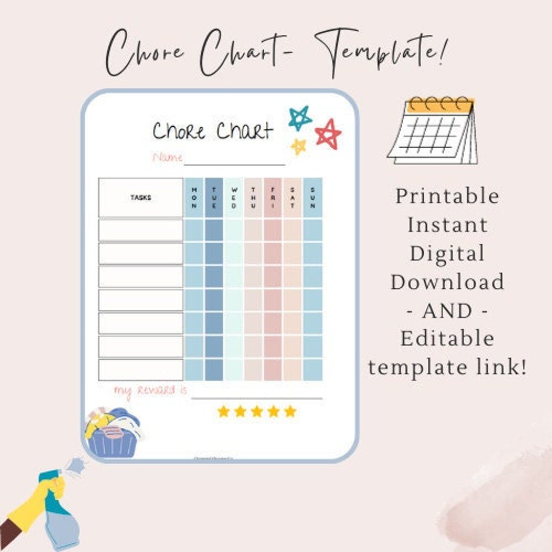 Editable Kids Chore Chart Planner Template, Instant Digital Download ...