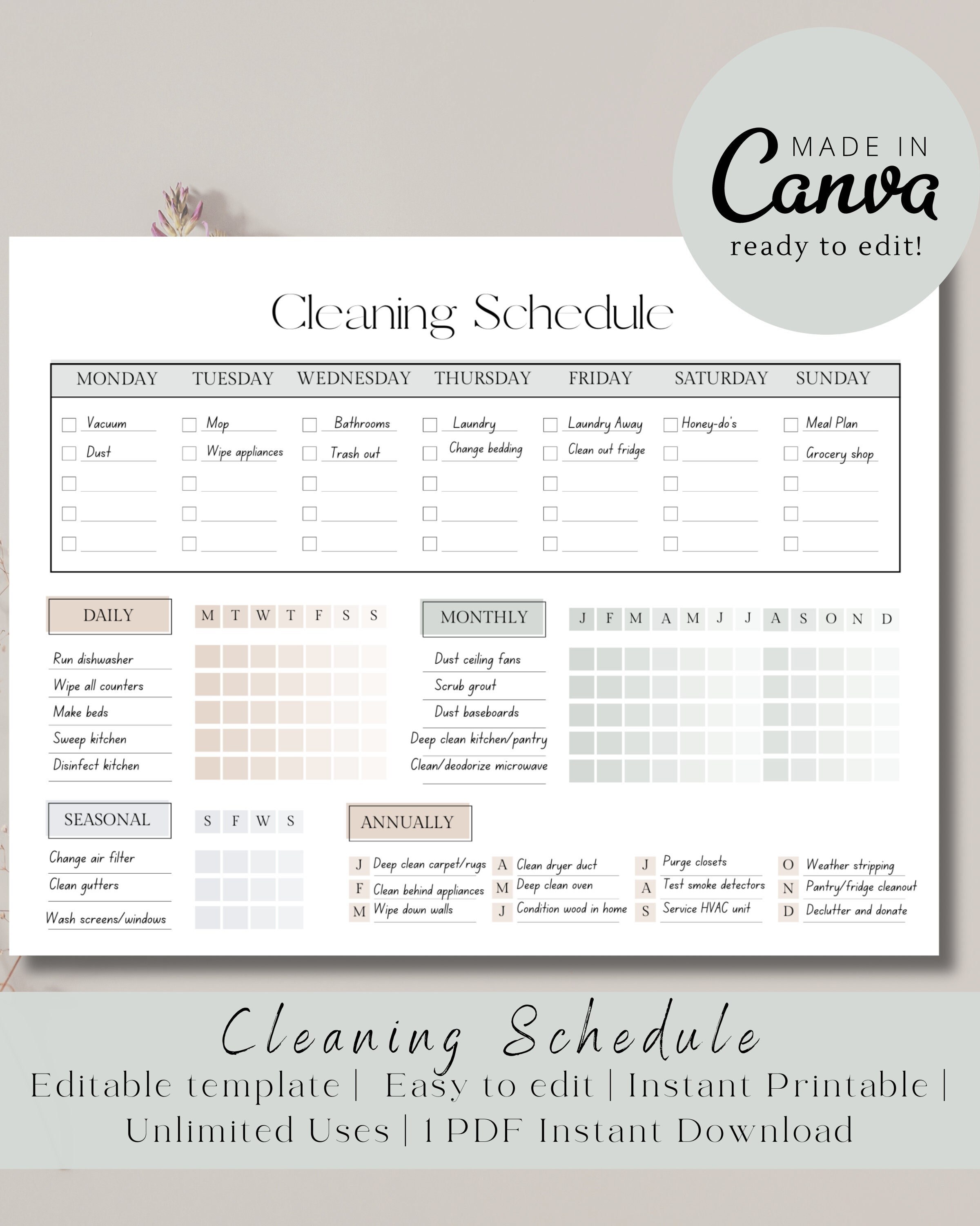 Editable Cleaning Schedule Printable Weekly Monthly Yearly - Etsy