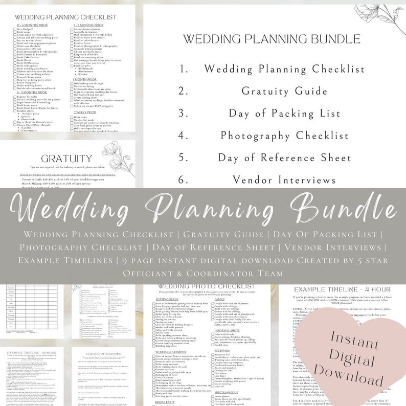 Wedding Planning Bundle, Timeline, Gratuity Guide, Packing List, Photography Checklist, Instant ...