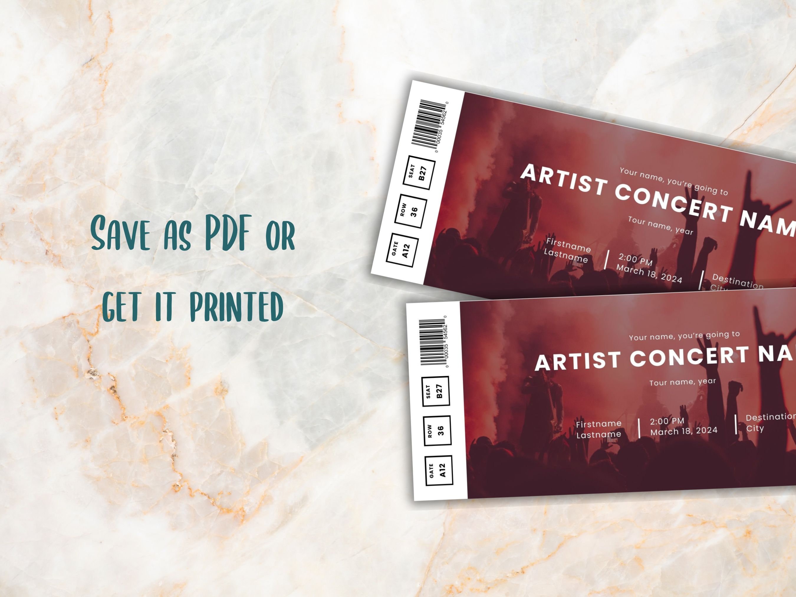 Customizable Concert Ticket Template Red | Editable Canva Design | Unique Gift Idea for Music ...