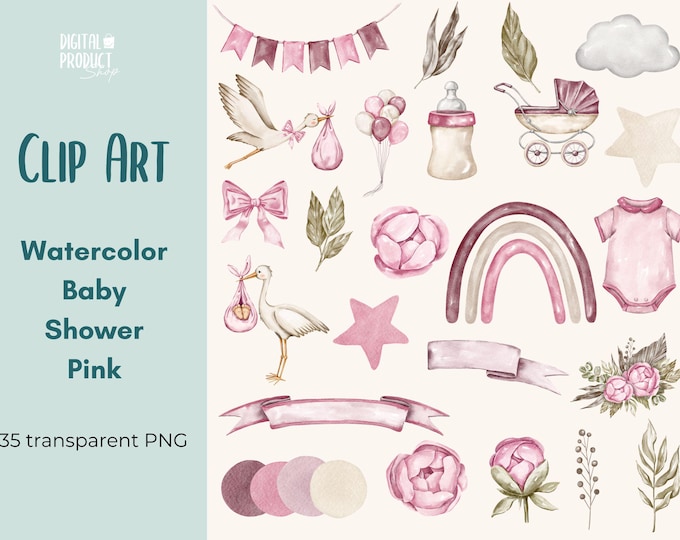 Shower Baby Clip Art. Pink Baby Girl Clipart Watercolor. Baby Girl Clip ...