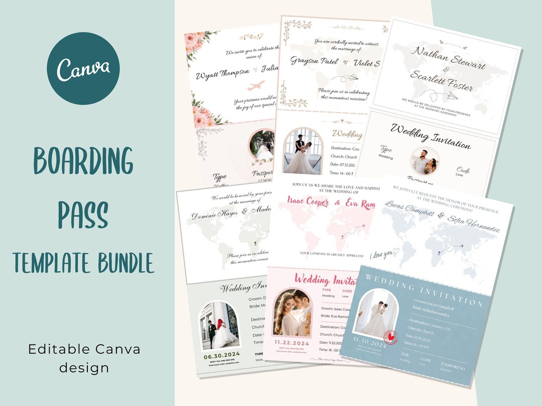 Customizable Boarding Pass Wedding Invitation Bundle | 6 Elegant Color ...