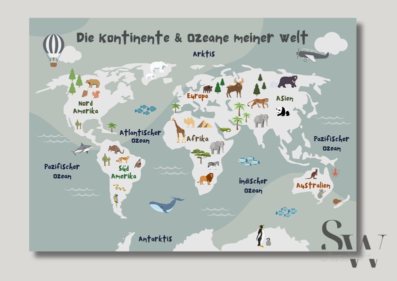 World Map Animal Map Continents and Oceans in German, Learning Map ...