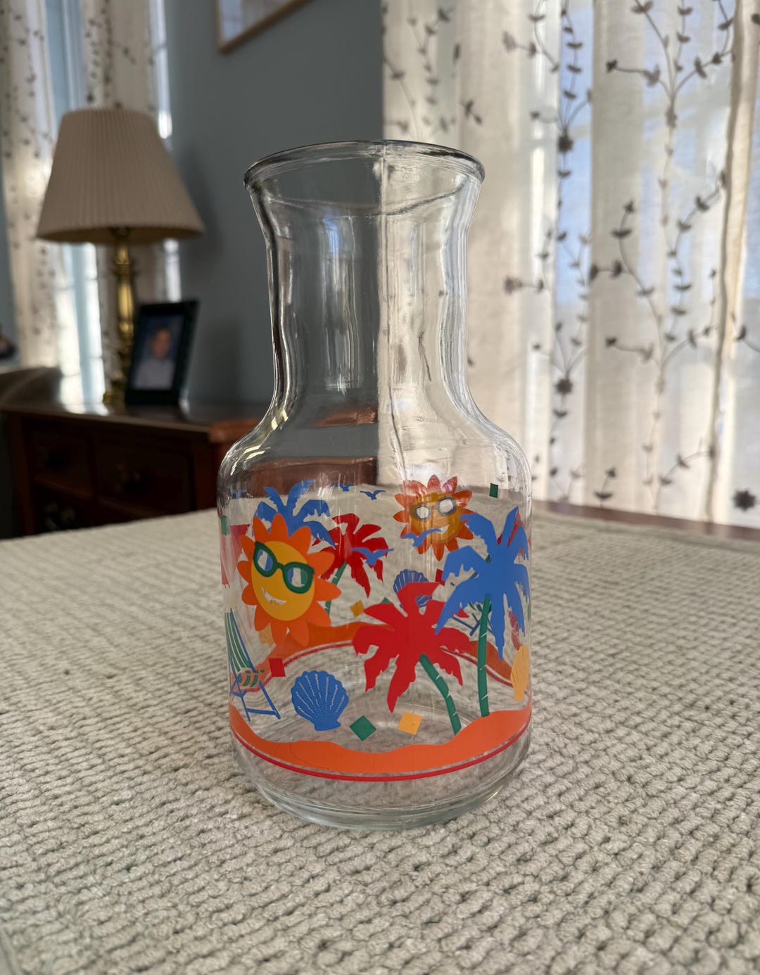 Vintage 80s Libbey Glass Juice Carafe, Pitcher, Colorful Tropical Beach ...