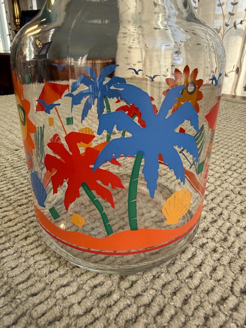 Vintage 80s Libbey Glass Juice Carafe, Pitcher, Colorful Tropical Beach ...